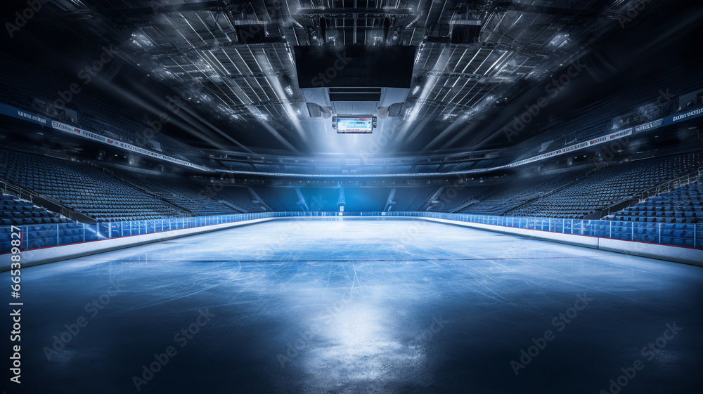 Majestic ice rink arena illuminated by radiant beams, showcasing vast ...