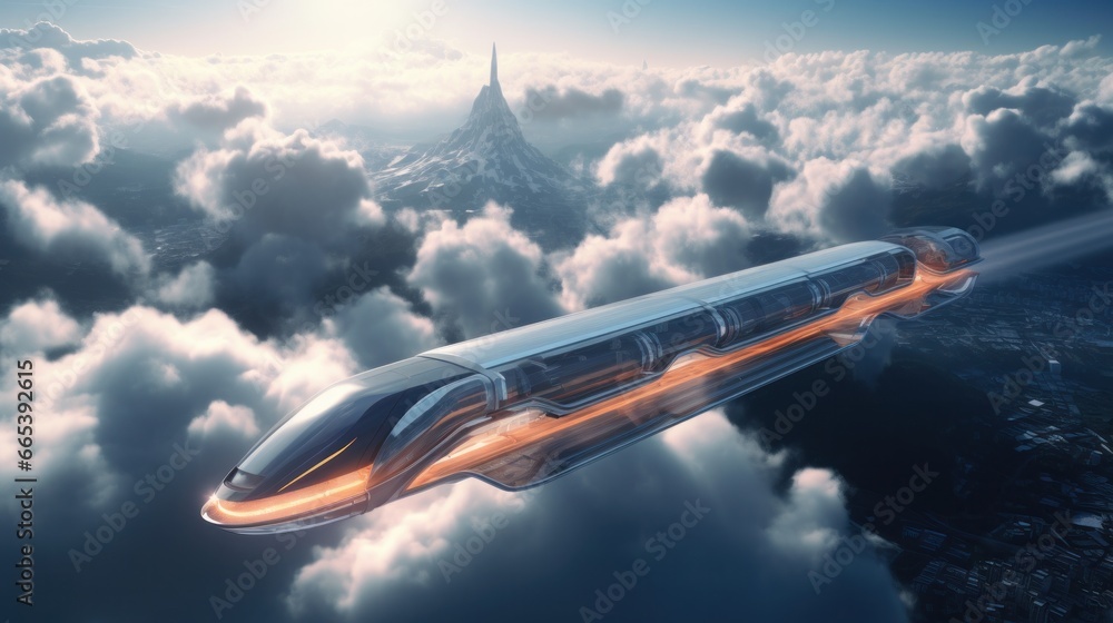 A vision of the future with a flying passenger train traversing a ...