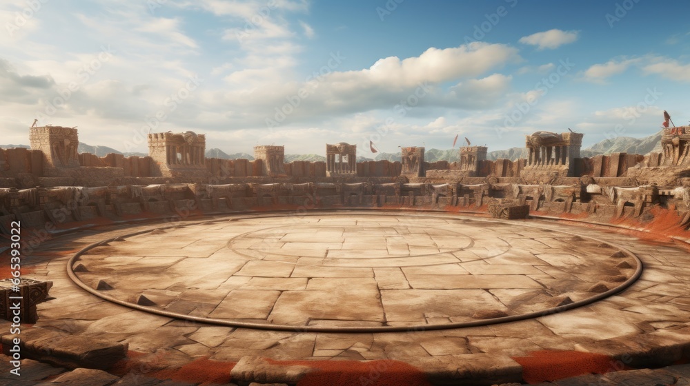 A lifelike battleground designed for epic warrior battles, intended to ...