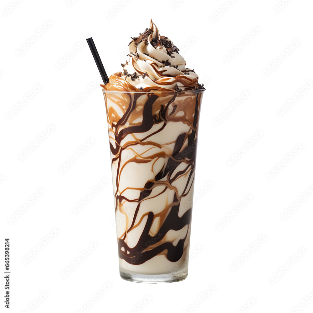 A mocha frappe with swirls of chocolate syrup, garnished with a single ...