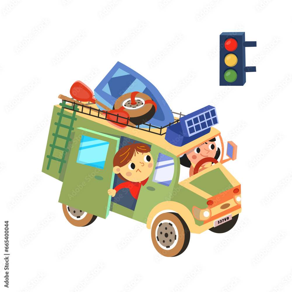 Cute cartoon car with driver behind wheel. Modern electric transport in ...