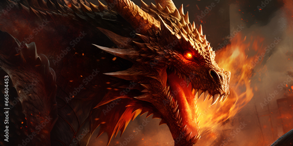 Fire dragon with eyes of fire and flames in the mouth fantasy ...