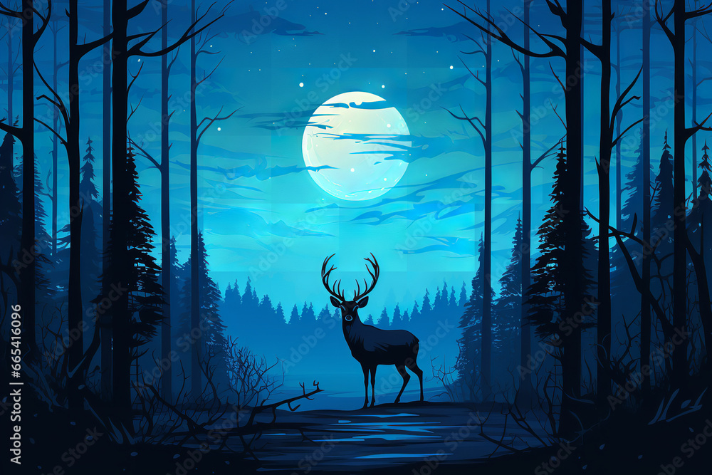 Hyperdetailed vector wallpaper of a moonlit forest clearing with deer ...