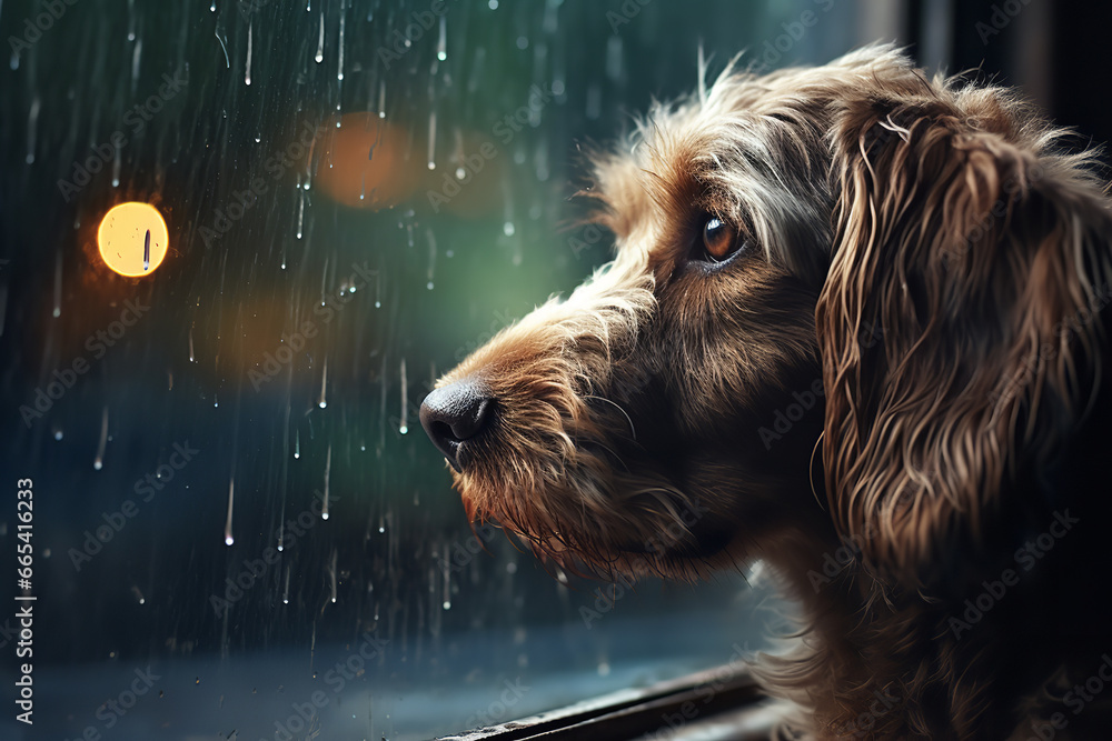 of a sad lonely dog looking out a window, close up on the dog's face ...