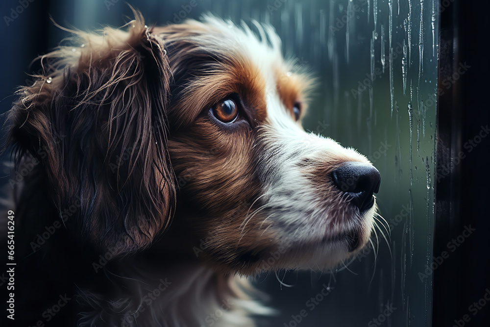 of a sad lonely dog looking out a window, close up on the dog's face ...