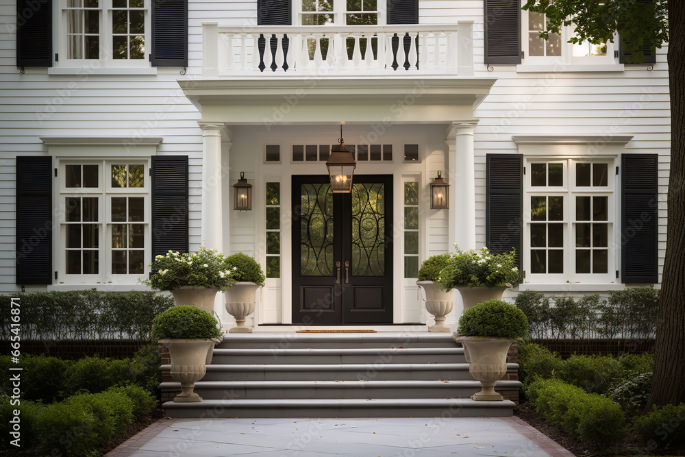 Shot of close-up shot of a classic colonial revival entrance with a ...