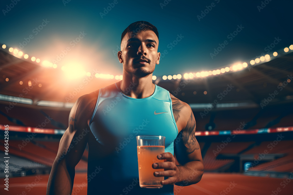 Sweaty Latino sprinter hydrating on track after workout, cold isotonic ...