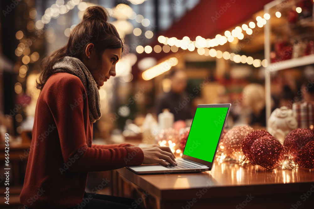 Beautiful woman working on laptop computer with green screen chromakey ...
