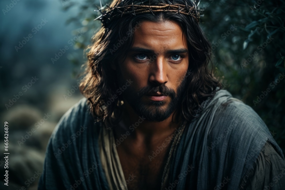 Jesus Christ depicted with a gentle expression, surrounded by a ...