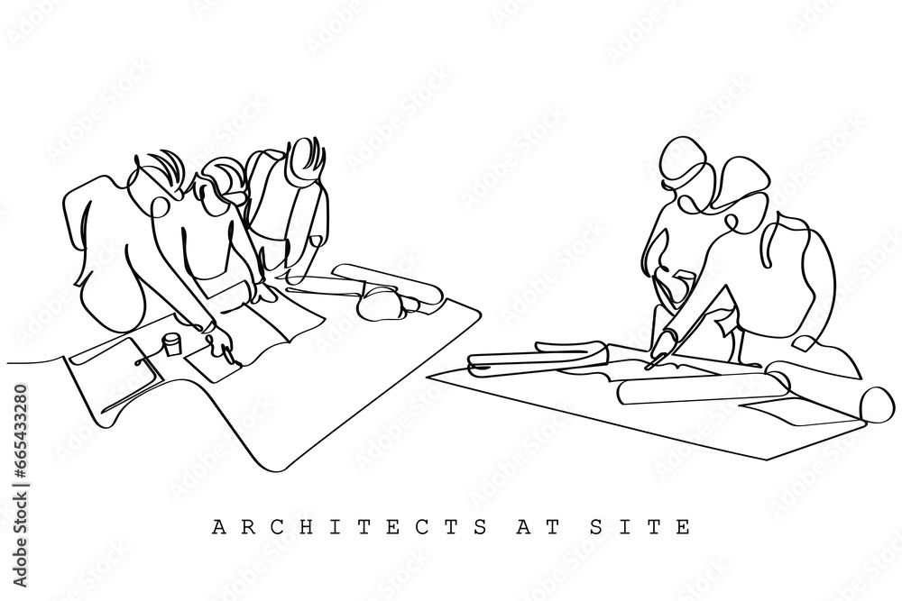 Line Art Of Team Of Architects Discussing Blue Prints Plans And Their Implementation