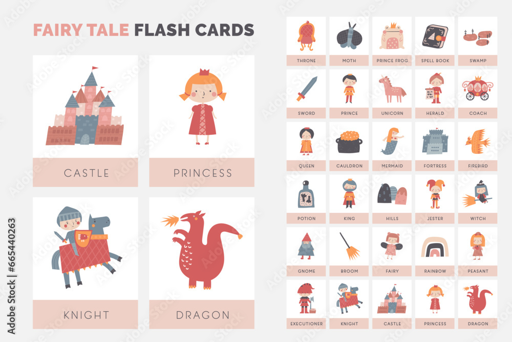 Fairy tale flashcards set. Learning English words for kids. Cute hand ...