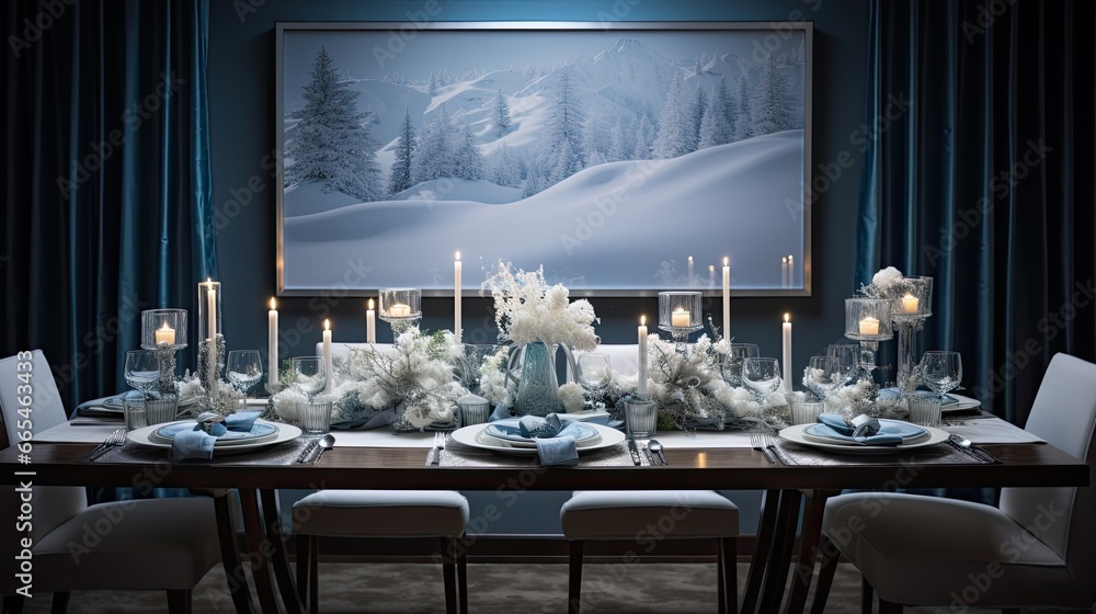 A christmas dining room setup inspired by the Northern Lights, with a ...