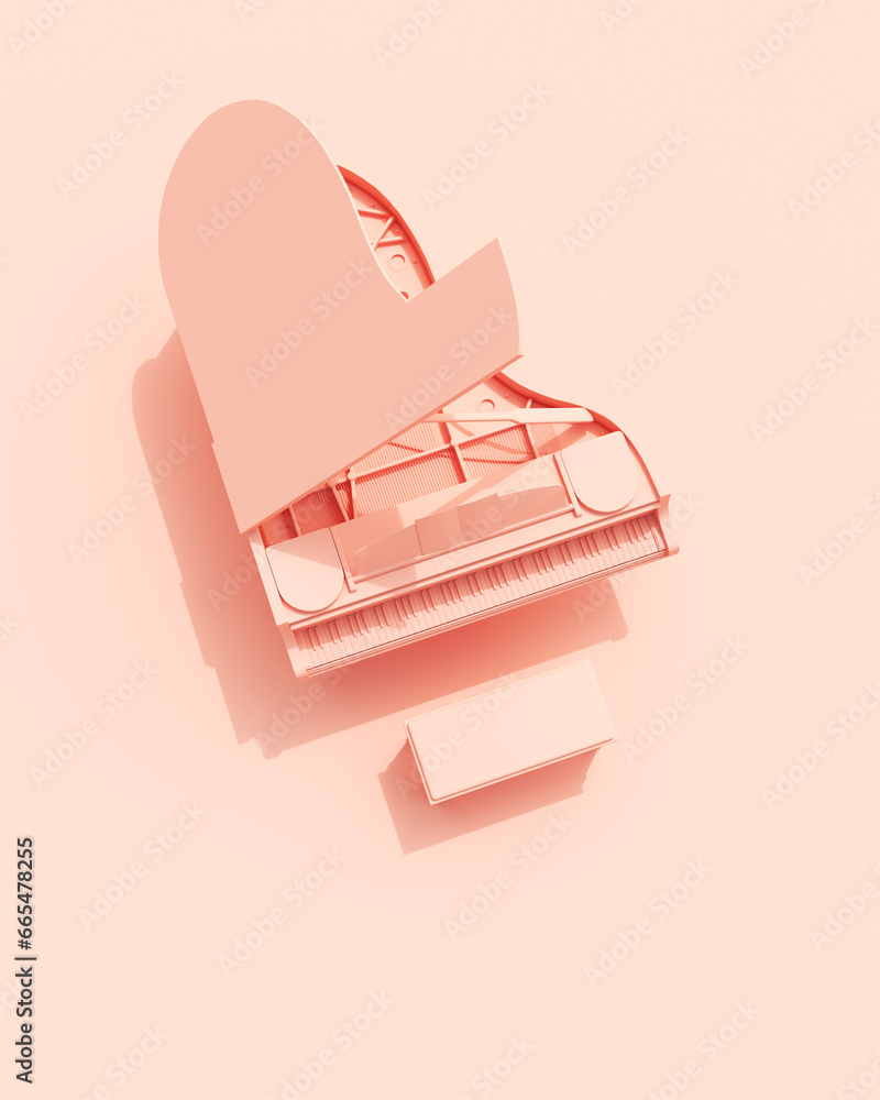 Rose pink grand piano musical instruments equipment flat lay diagonal ...