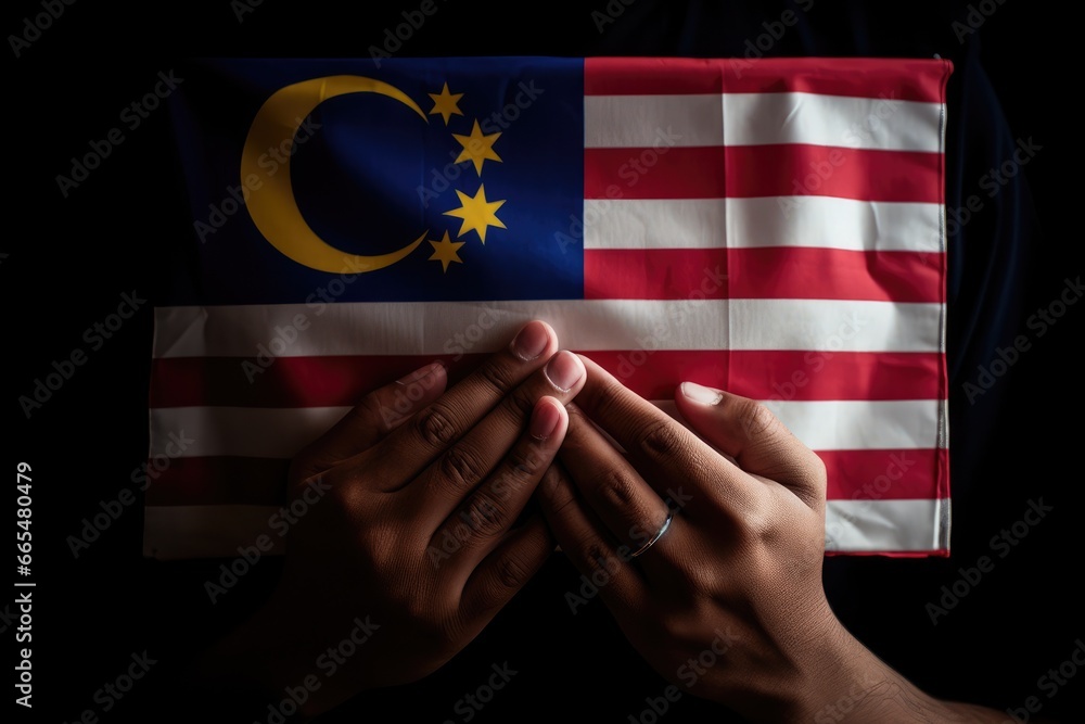 Man's hands covering the flag of Malaysia, isolated on black background ...