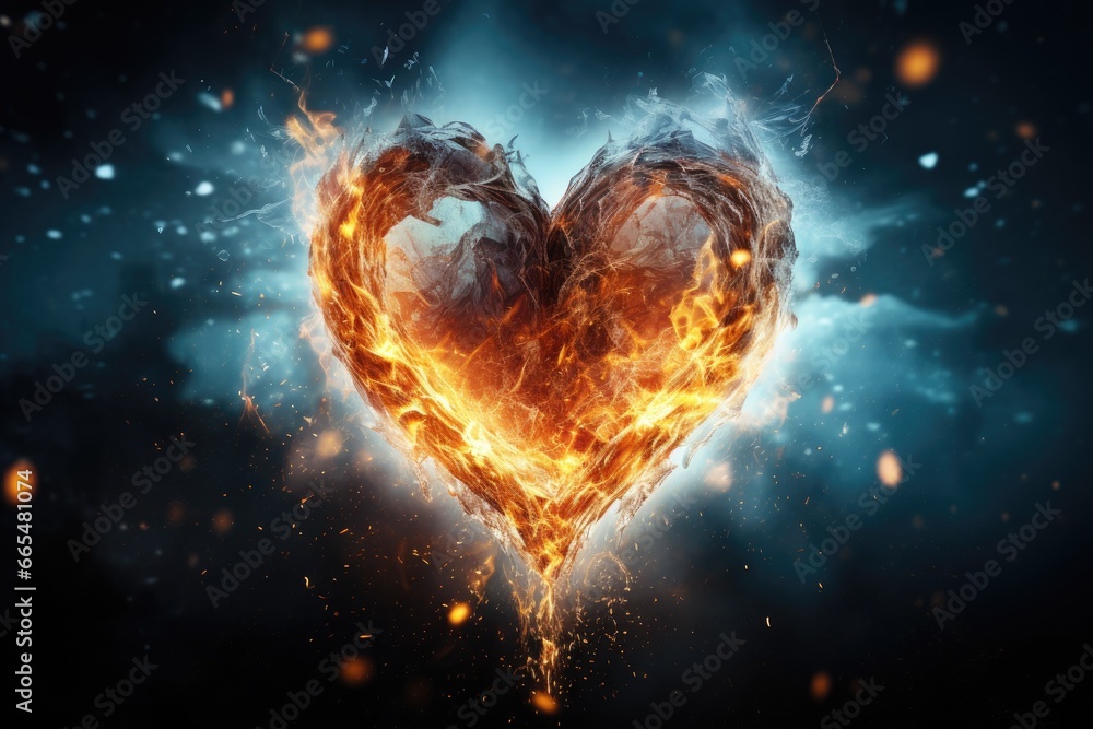 Burning heart on a dark background. 3d rendering toned image, heart in ...