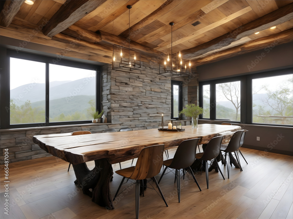 Interior design of a modern dining room featuring a rustic live edge ...