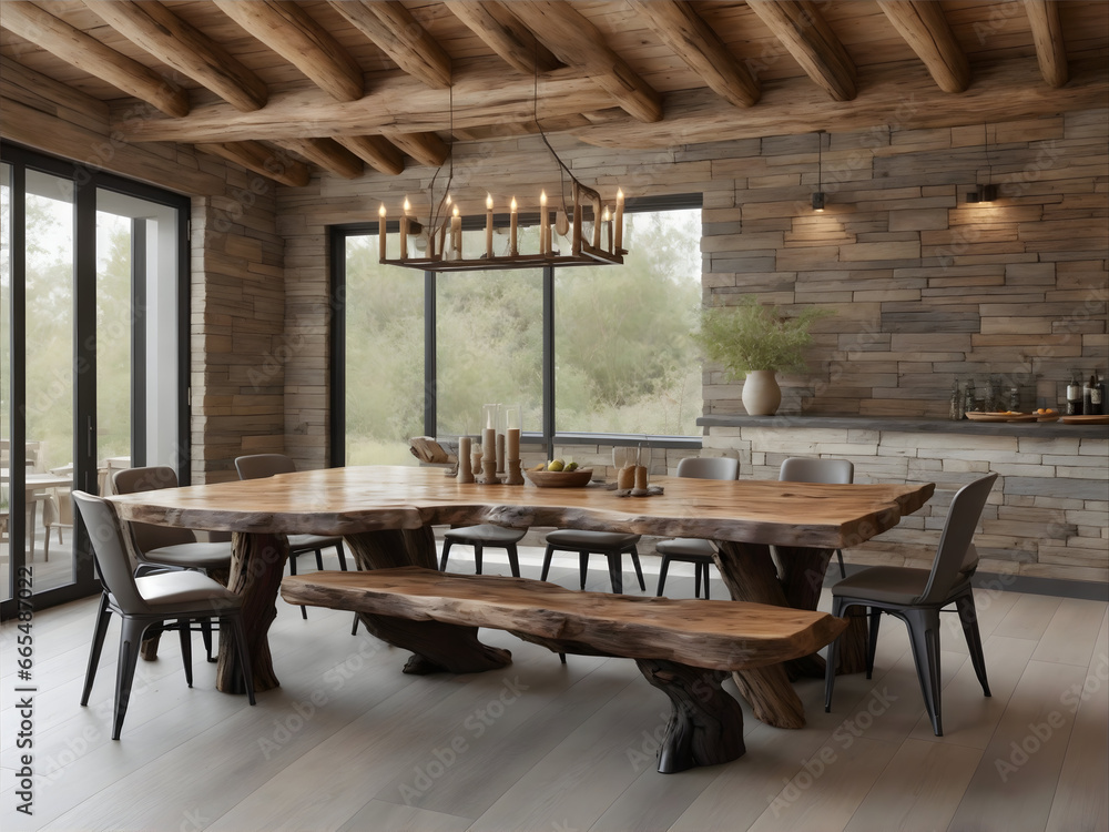 Interior design of a modern dining room featuring a rustic live edge ...