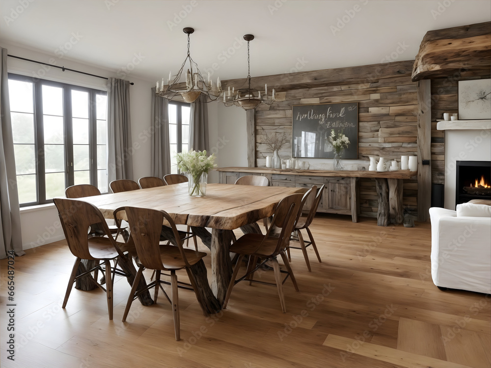 Interior design of a modern dining room featuring a rustic live edge ...