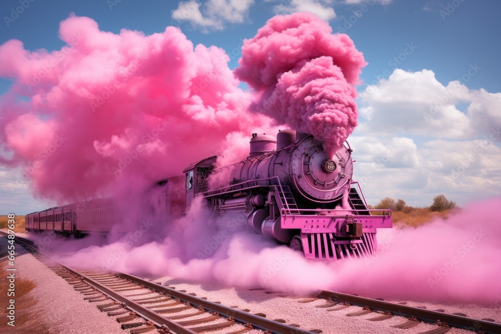 The vibrant pink smoke billowed from the locomotive as the train raced ...