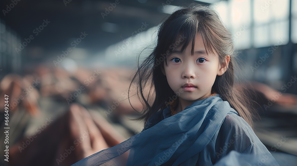Small Asian child portrait with blurred textile factory background ...