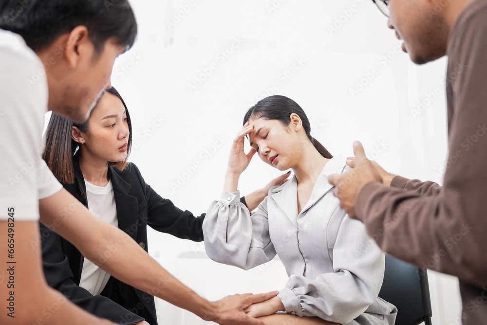 Group of Diverse asian people supporting desperate unhappy woman ...