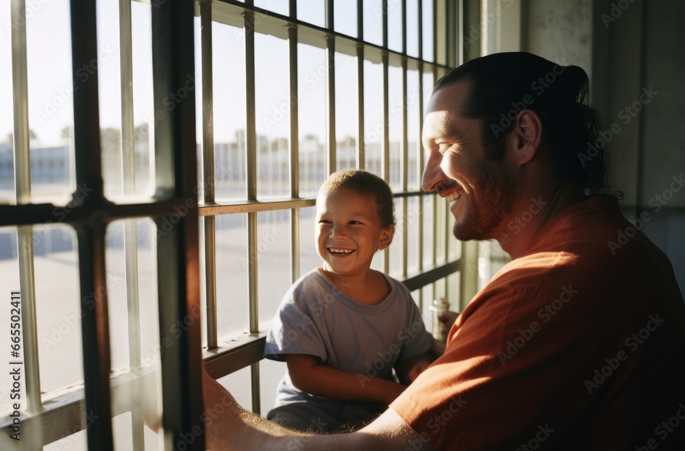 prisoners, a father and son, smile and talk in a typical prison setting ...