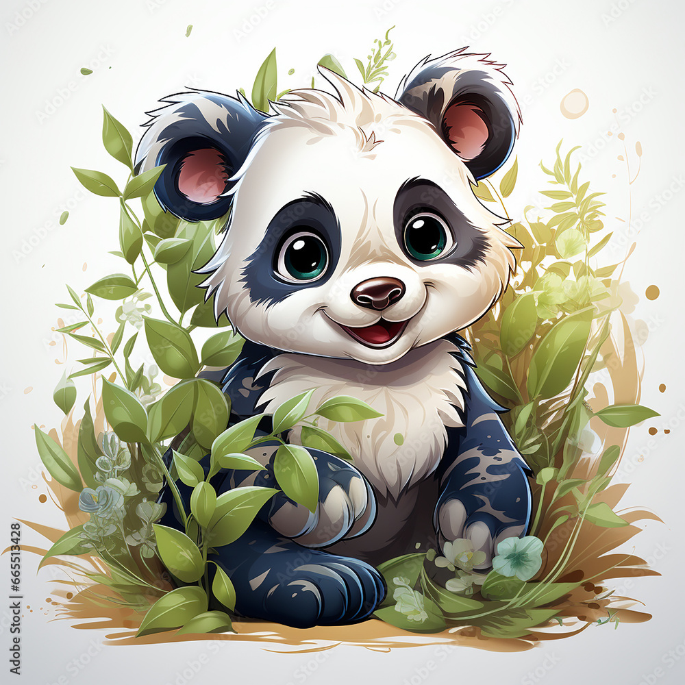 Sweet drawing of a cute little smiling panda, contentedly munching on ...