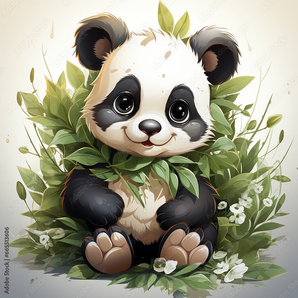 Sweet drawing of a cute little smiling panda, contentedly munching on ...