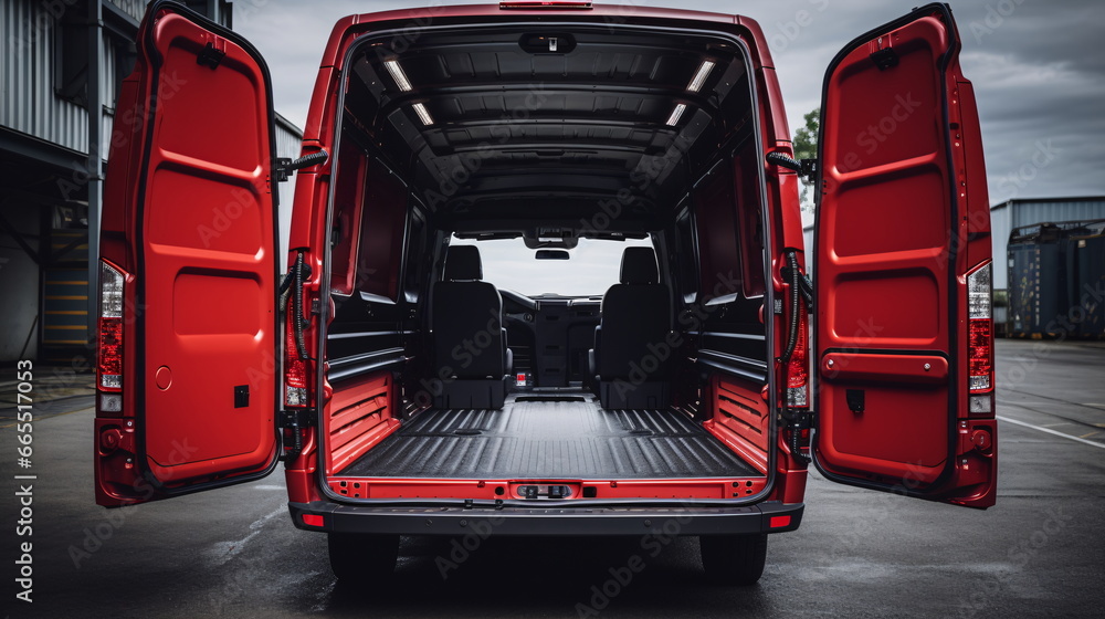 Rear view of an empty logistics truck with its trunk with open doors ...