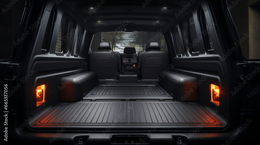 Rear view of an empty logistics truck with its trunk with open doors ...