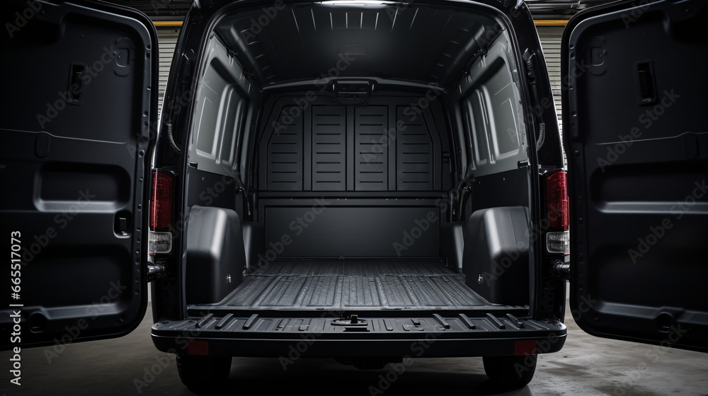 Rear view of an empty logistics truck with its trunk with open doors ...