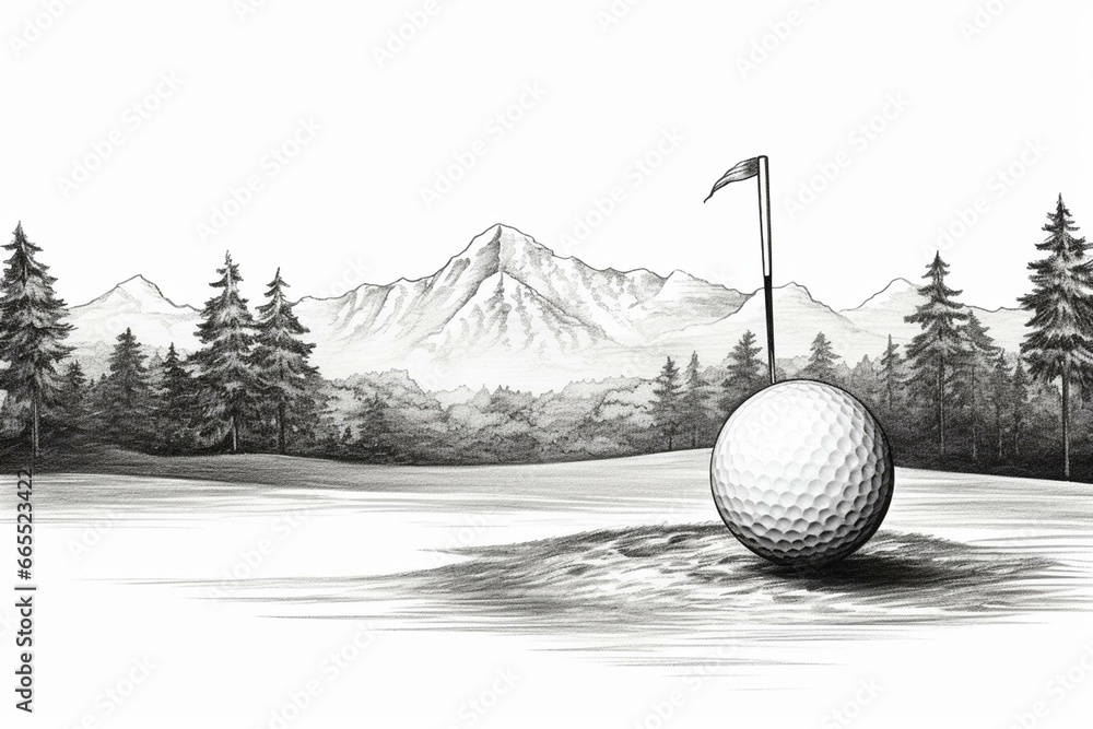 Monochrome ink drawing of a dynamic golf ball for a vertical tournament ...