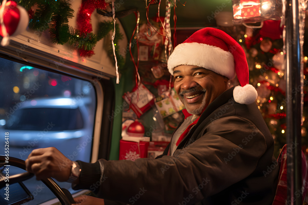 Bus driver wearing santa hat, old man with grey hair and beard holding ...