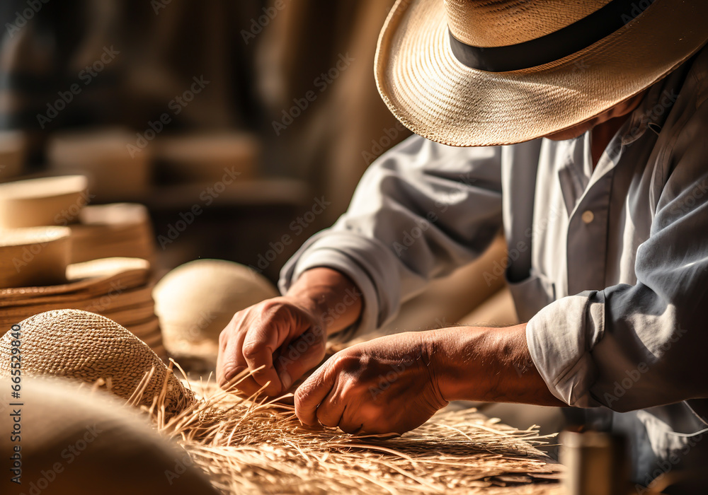 Craftsman making straw hats. Handmade. Traditional crafts. AI generated ...