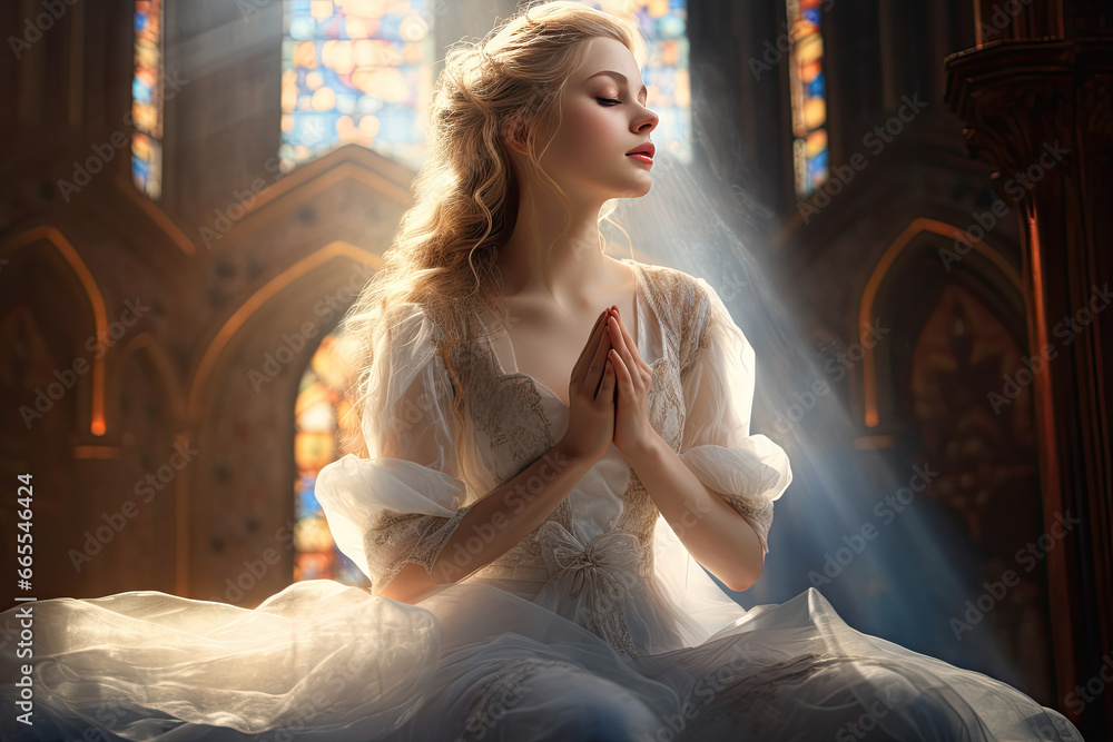 beautiful girl in white dress praying under sunlight in church Stock ...