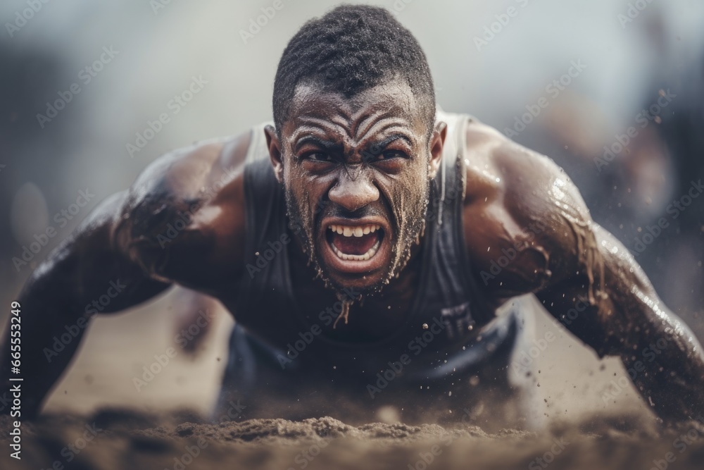 A man is depicted crawling in the mud with his mouth open. This image ...