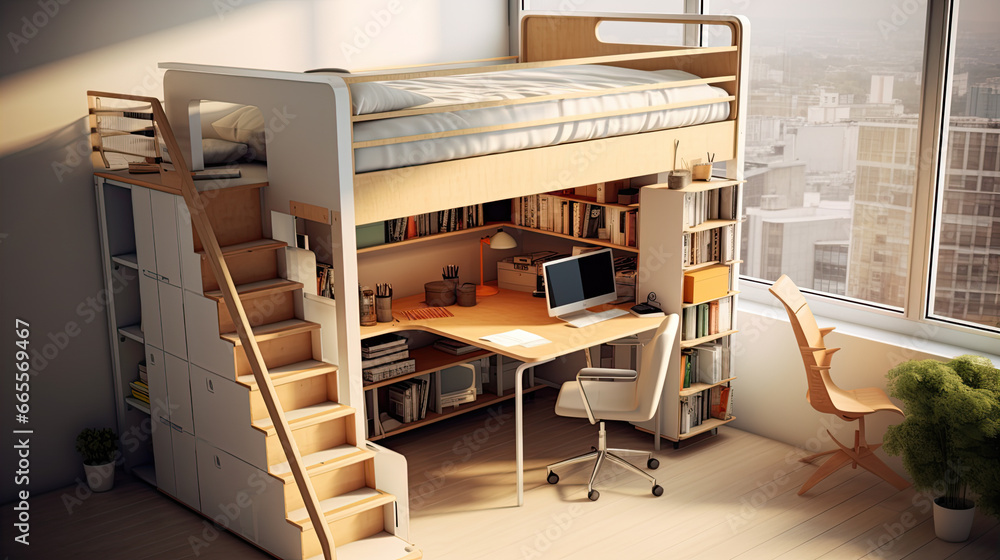 Space-saving elevated loft bed design, complete with a functional ...