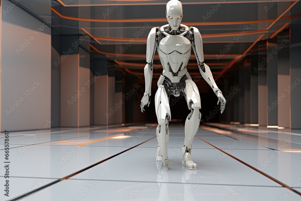 3d rendering of a robot in a futuristic room. This is a computer generated and 3d rendered ...