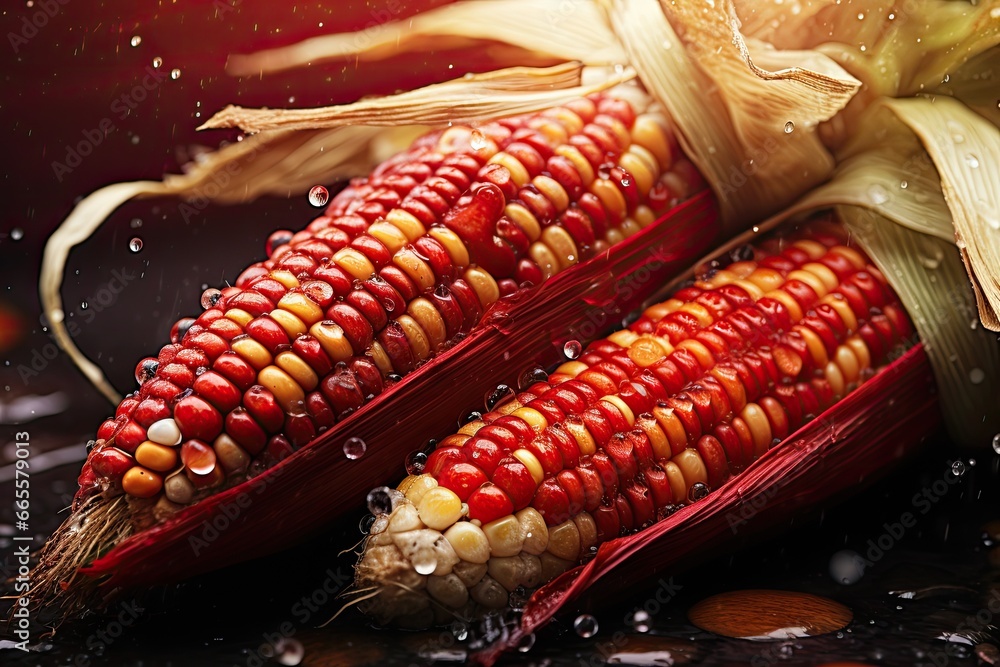 Red corn on the cob with drops of water on a black background, imagine ...