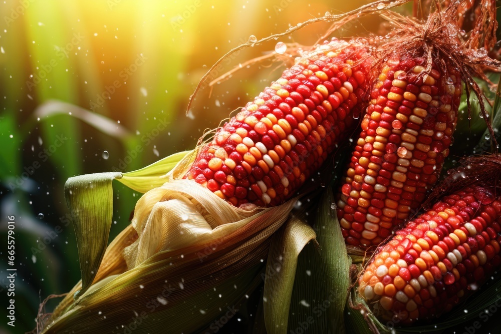 Ripe sweet corn on the cob with drops of water on it, imagine ...