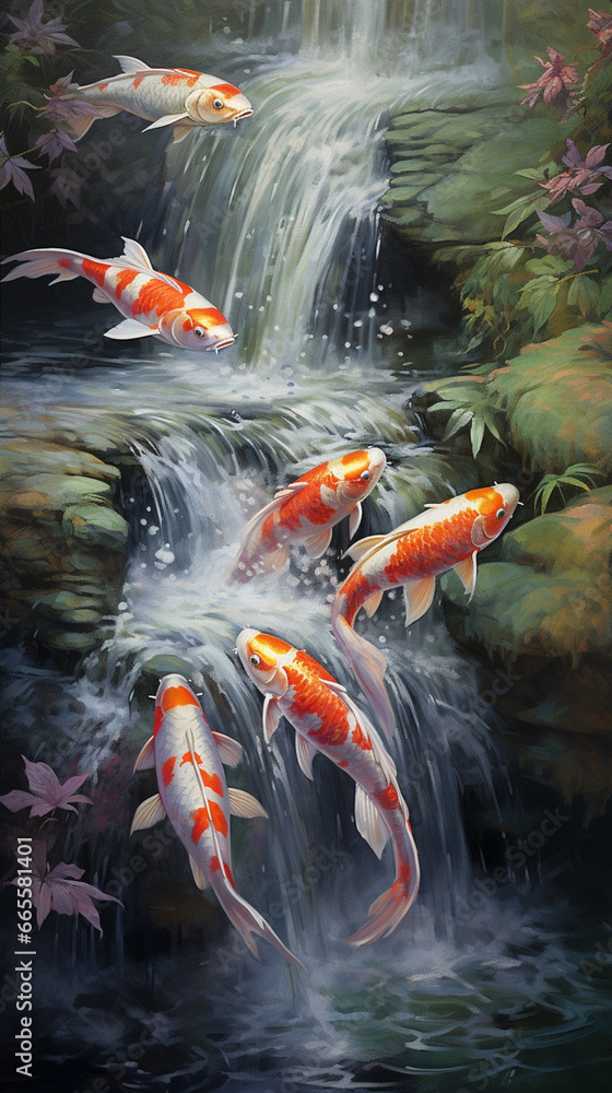koi fish swimming in a pond,Carp jumping over a waterfall,generate AI ...