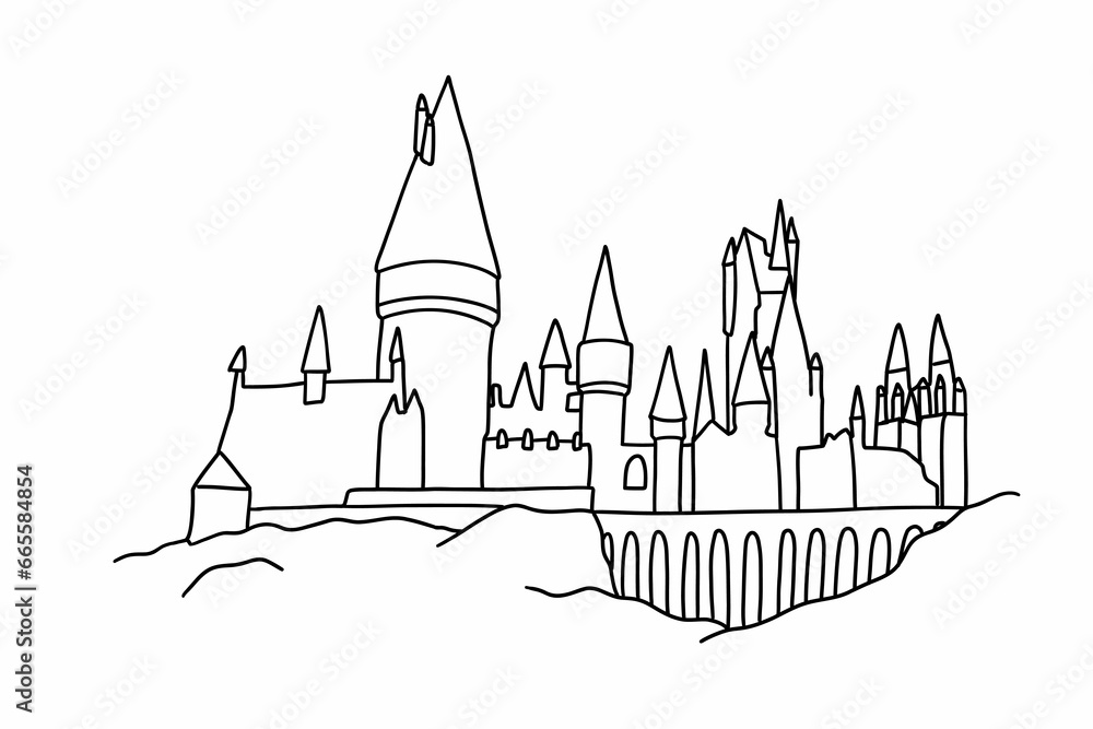 School of witchcraft and wizardry. Landscape magic school Hogwarts. Castle with many towers ...