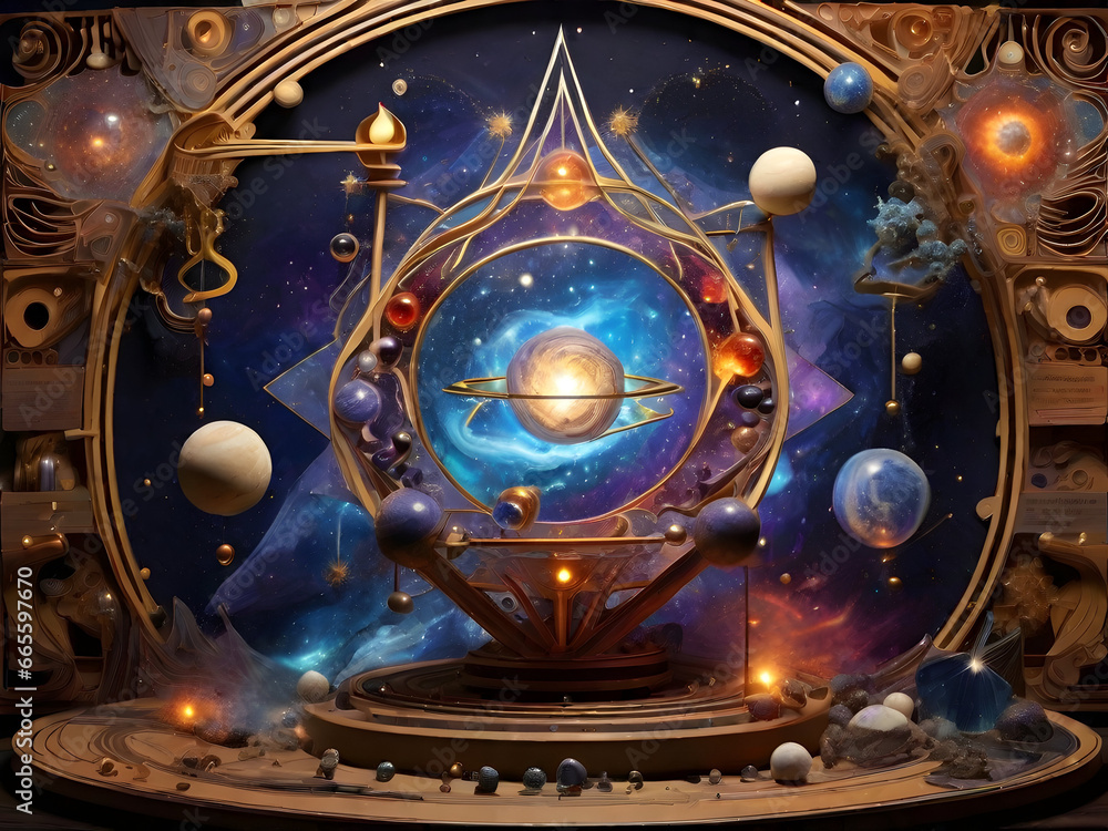 an artwork that depicts the process of cosmic alchemy, where stars and planets are transformed ...