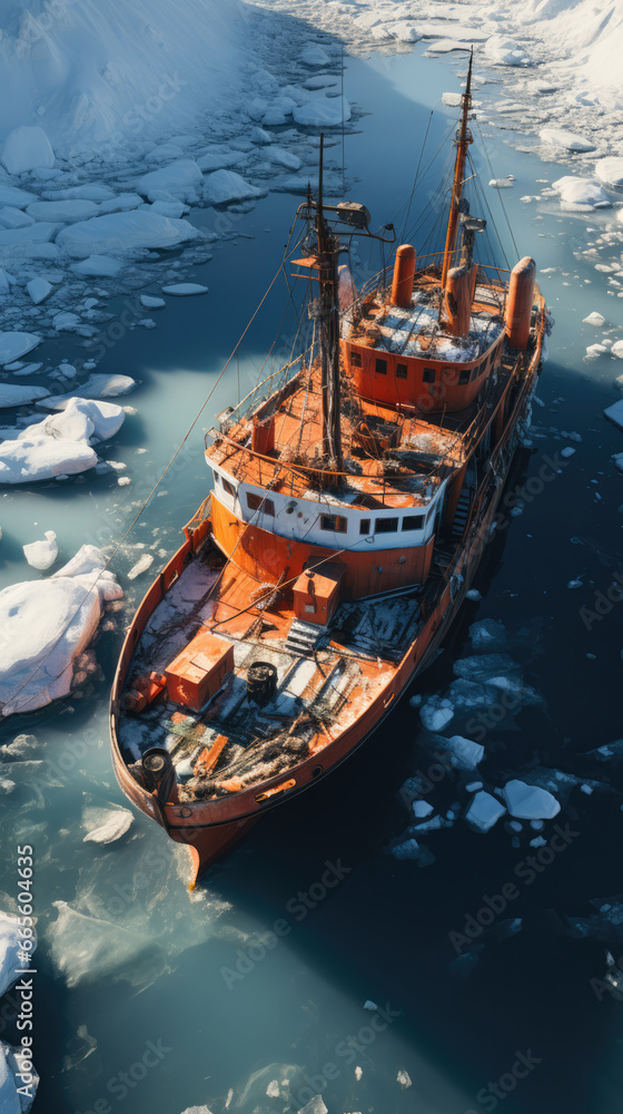 Aerial view of an icebreaker ship navigating the frigid Arctic waters ...