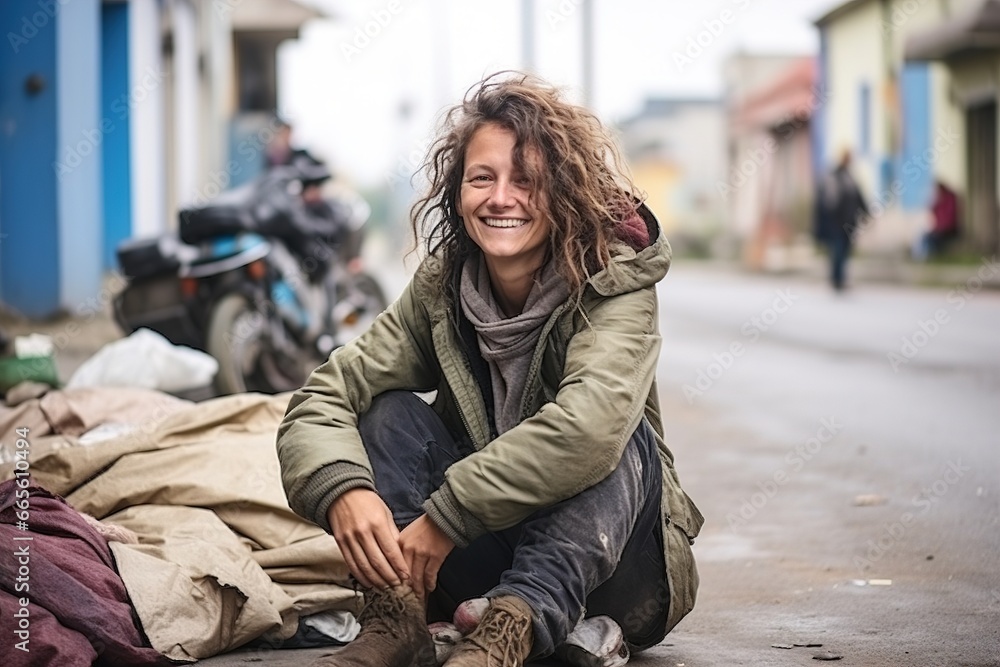 homeless woman sitting on the street and smiles Stock Photo | Adobe Stock