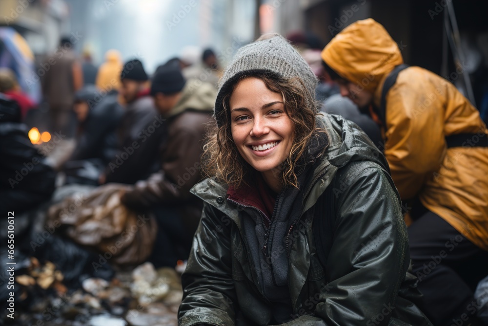 homeless woman sitting on the street and smiles Stock Photo | Adobe Stock