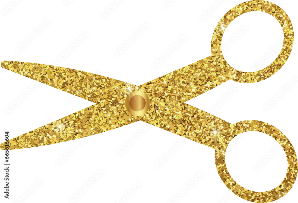 Icon in the form of open glitter scissors on a transparent background ...