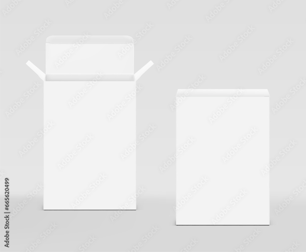 Realistic cardboard box mockup. Vector illustration isolated on grey ...