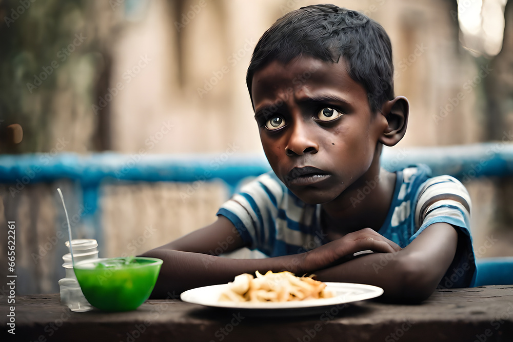 Little boy with a sad expression on his face. Hunger concept. Stock ...