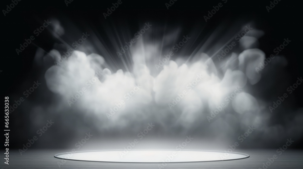 Illuminated stage with scenic lights and a white cloud of smoke on ...